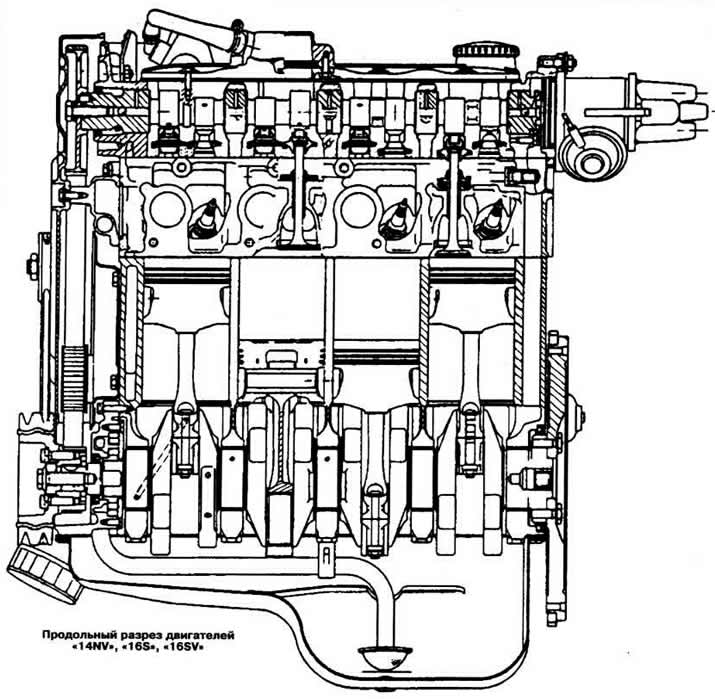 Cross and longitudinal sections of the engine (Opel Kadett E 1984-1995 ...
